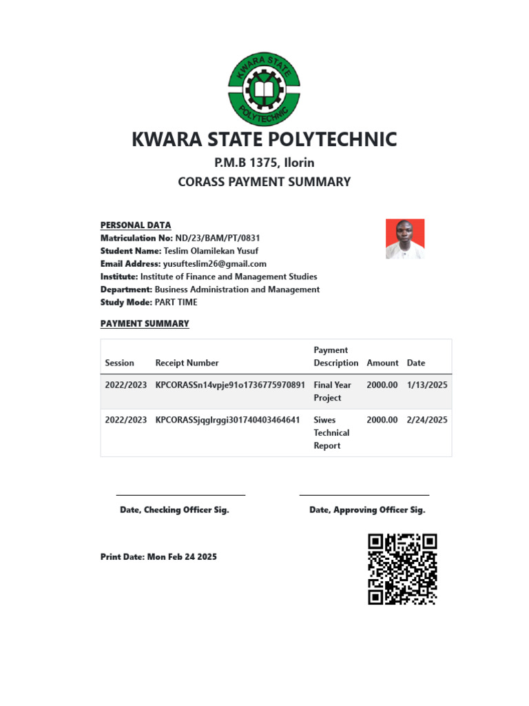 KWARA POLYTECHNIC Payment Summary 2023 | PDF