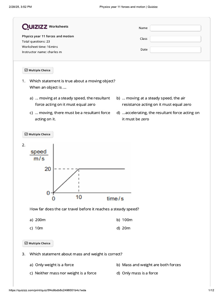 Physics Year 11 Forces and Motion - Quizizz TC | PDF | Force | Acceleration