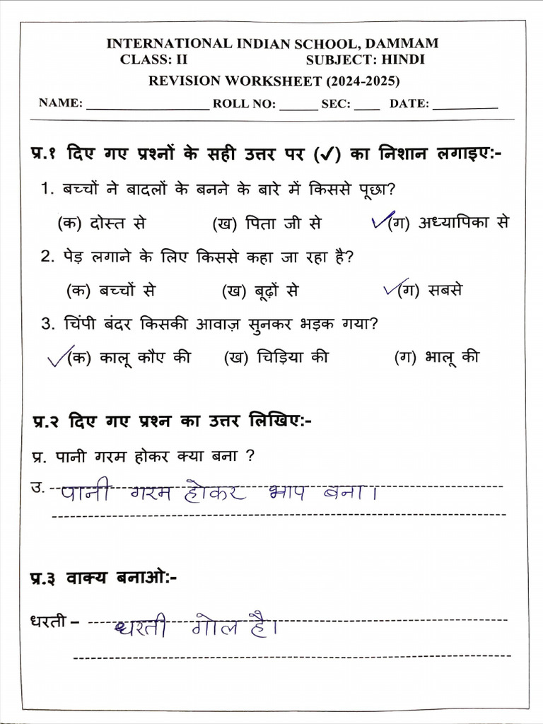 Hindi Revision Worksheet | PDF