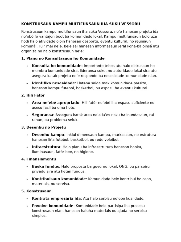 Konstrusaun Kampu Multifunsaun Iha Suku Vessoru | PDF