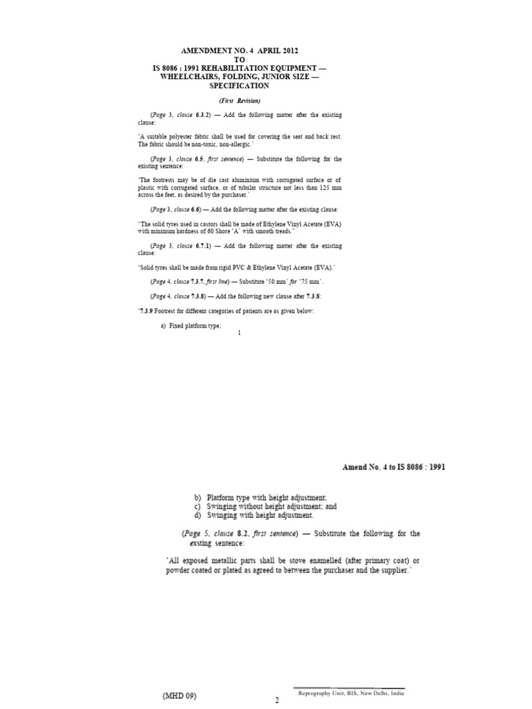 Amendment No. 4 April 2012 TO Is 8086: 1991 Rehabilitation Equipment - Wheelchairs, Folding ...