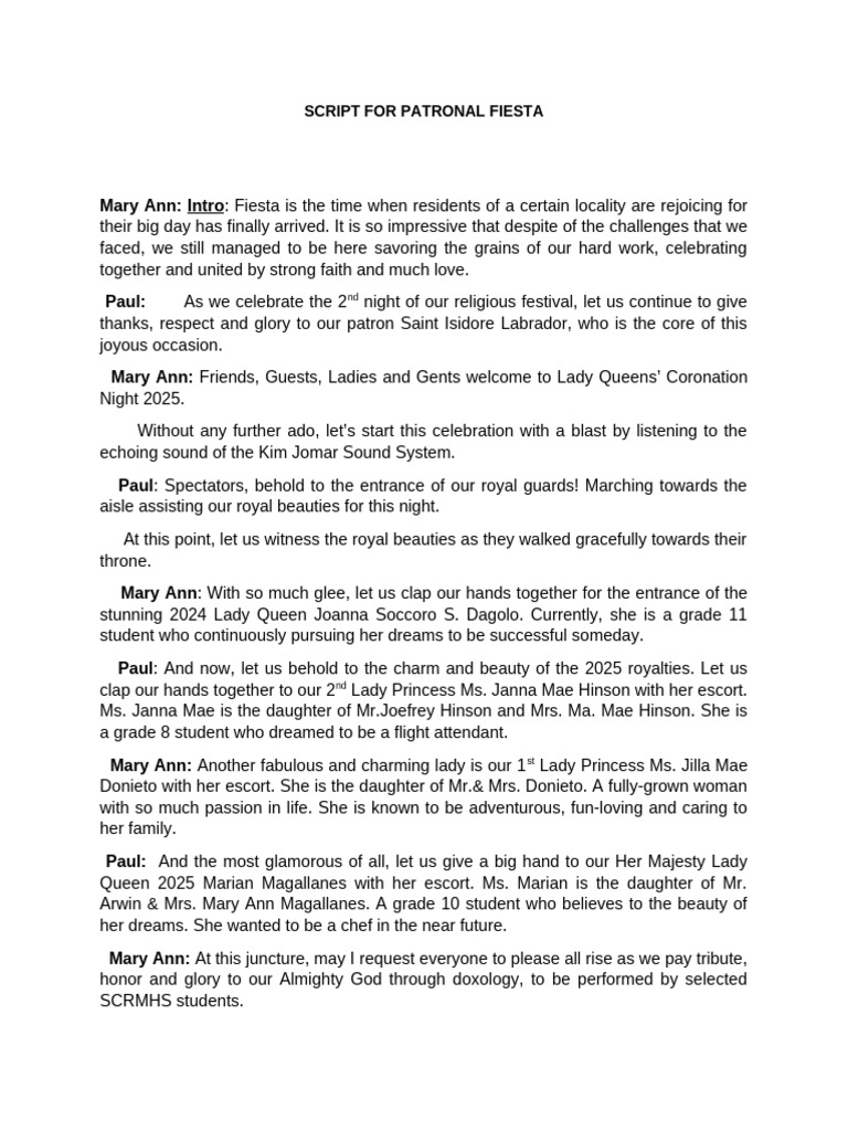 Script For Patronal Fiesta 2 | PDF