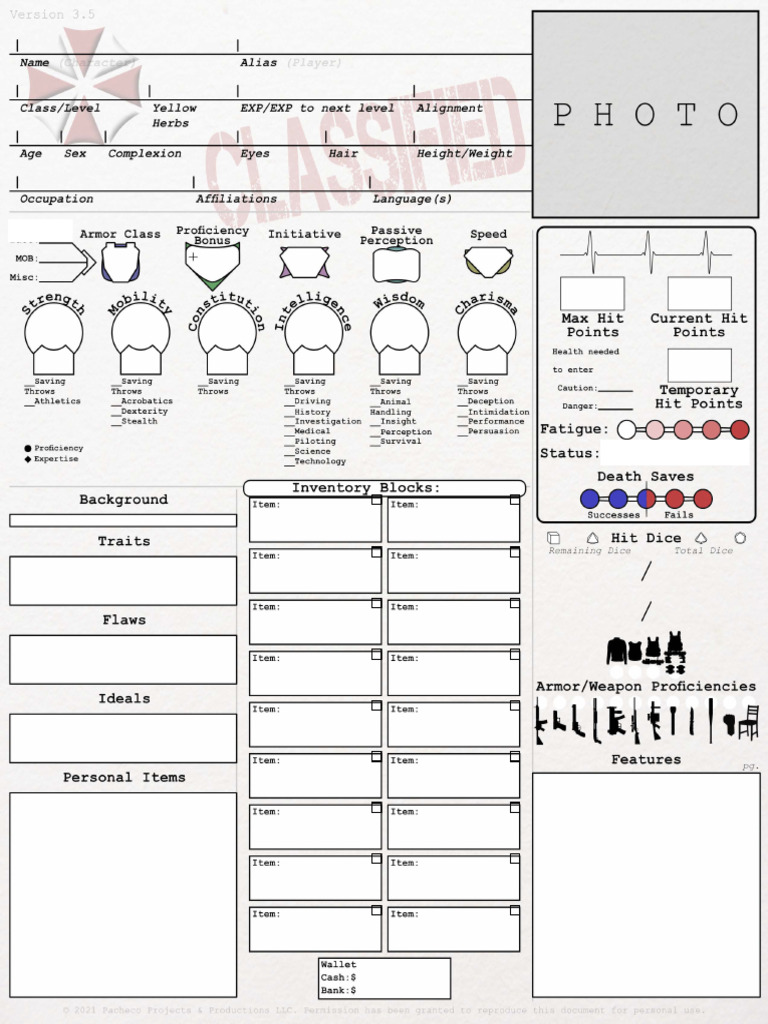Resident Evil Character Sheet 3.5 | PDF