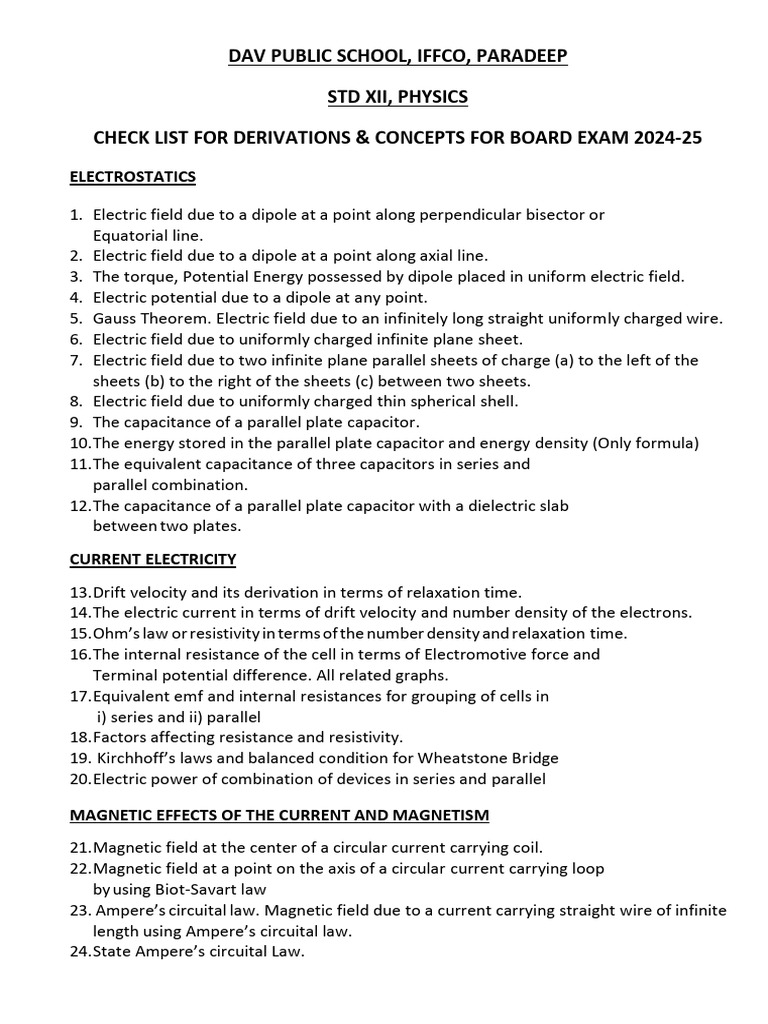 STD Xii Physics Check List Board 2024 - 25-1 | PDF | Magnetic Field | Atoms