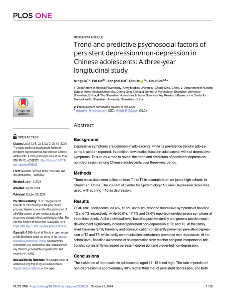 Trend and predictive psychosocial factors of persistent depressionnon ...