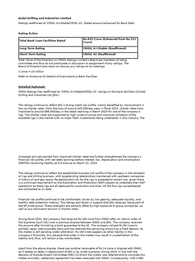 Jindal Drilling Ratings Reaffirmed CRISIL A+ | PDF | Investing ...