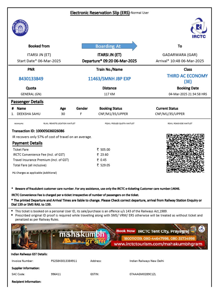 IRCTC Electronic Reservation Slip Details | PDF | Identity Document