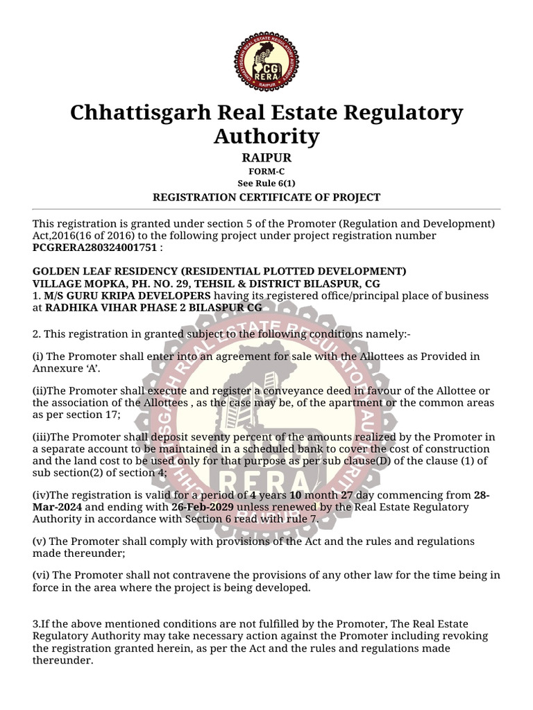 Chhattisgarh RERA Registration Certificate | PDF | Civil Law (Common Law) | Legal Documents