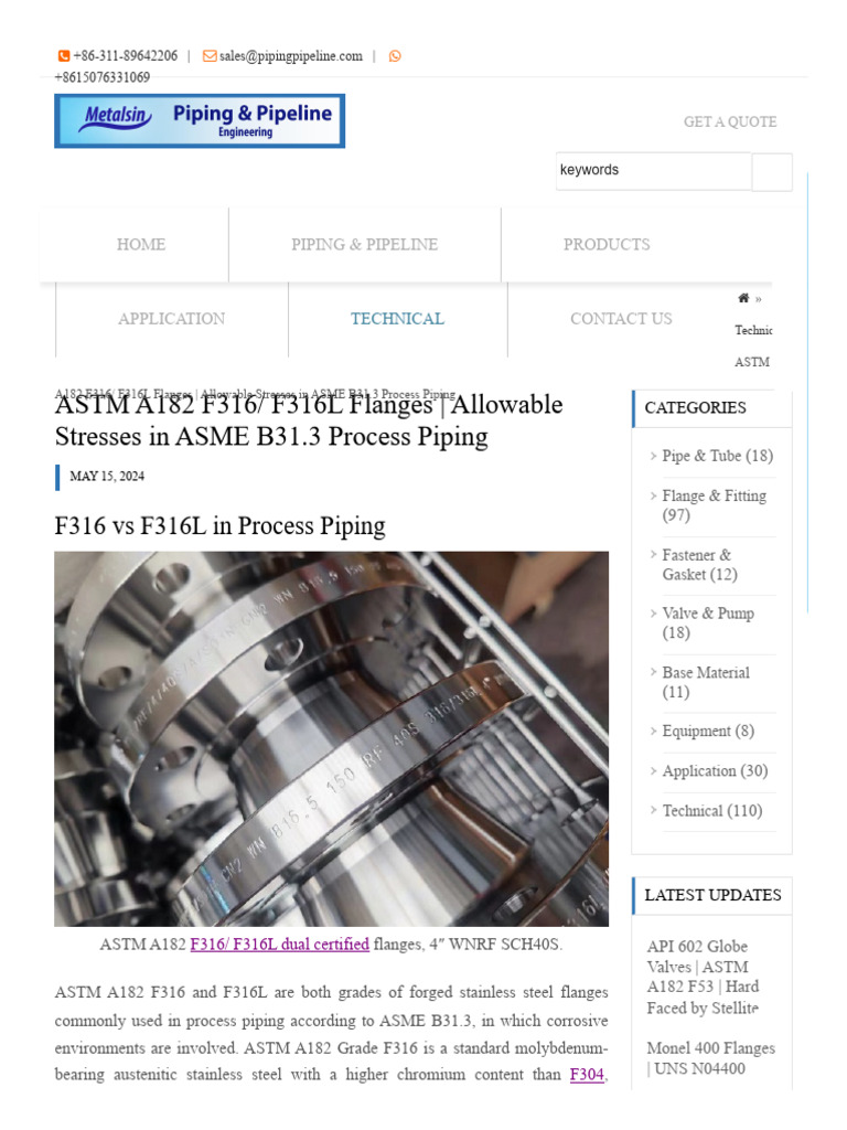 ASTM A182 F316 & F316L Flanges - Allowable Stresses in ASME B31.3 Process Piping | PDF ...