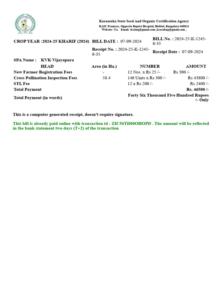 Seed Trace Payment Receipt 2024-25 | PDF