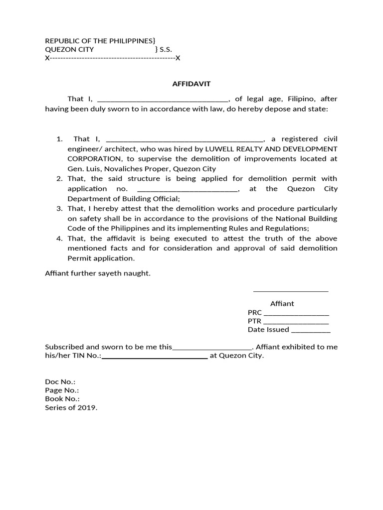 Demolition Permit Affidavit - Quezon City | PDF