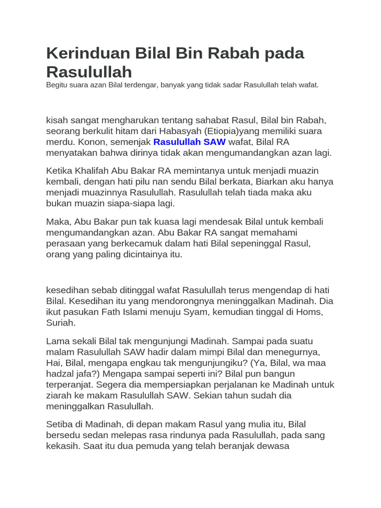 Kerinduan Bilal Bin Rabah pada Rasulullah | PDF