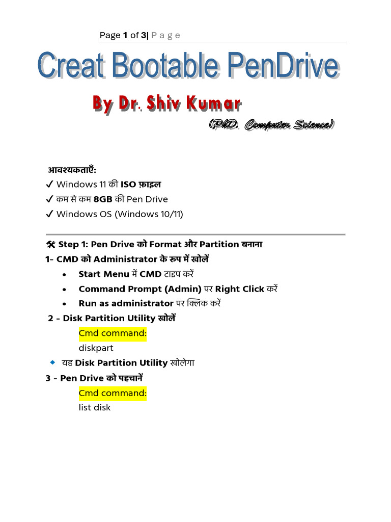 Creat Bootable Pen Drive Through CMD 8090155304 | PDF
