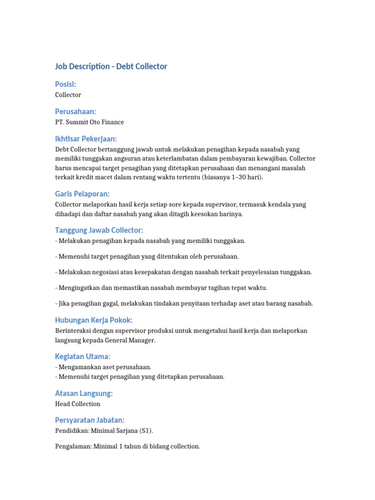 Job Description Debt Collector | PDF