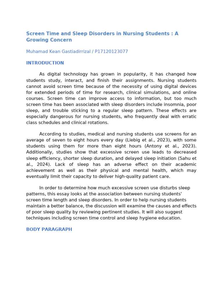 Screen Time and Sleep Disorders in Nursing Students | PDF | Sleep ...