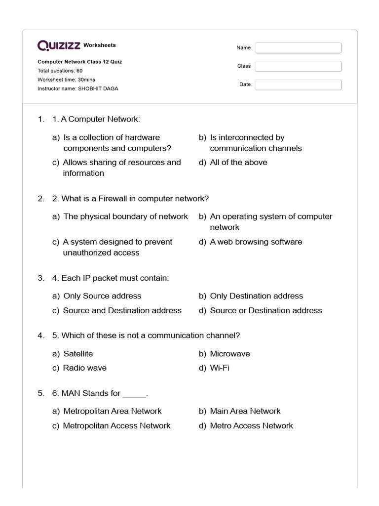 Class 12 Computer Network Quiz Worksheet | PDF | Computer Network ...