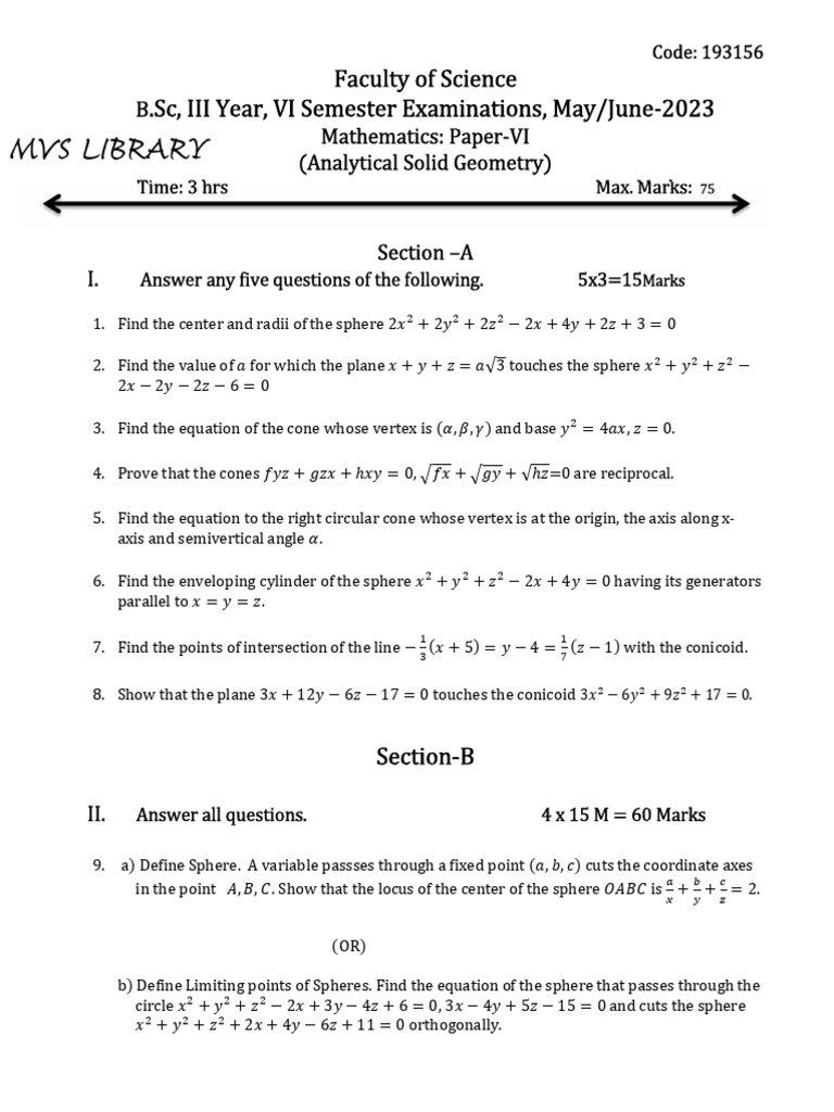 Analytical Solid Geometry Exam Paper | PDF | Sphere | Circle