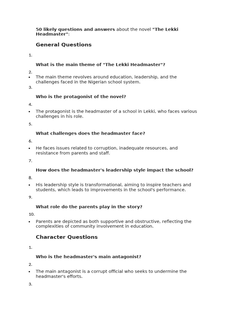 50 Likely Questions and Answers About The Novel | PDF | Leadership ...