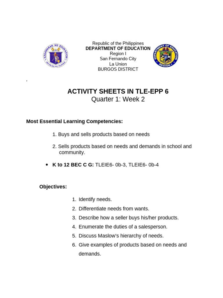 EPP-TLE 6 - AS Quarter 1, Week 2 | PDF | Sales