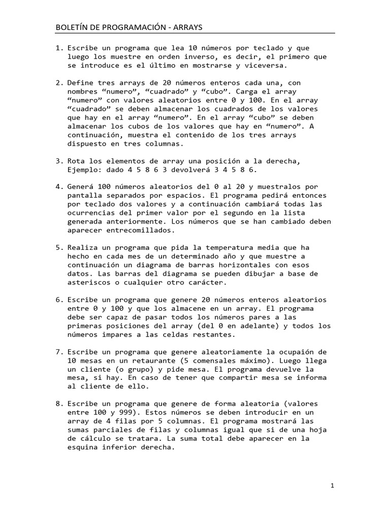 Ejercicios de Programación con Arrays | PDF | Matriz (Matemáticas) | Ajedrez