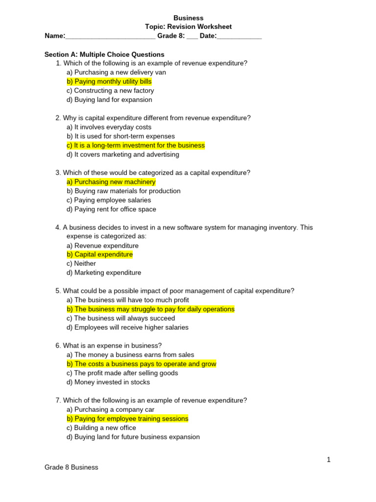 Answers Revision Worksheet - Grade 8 | PDF | Expense | Loans