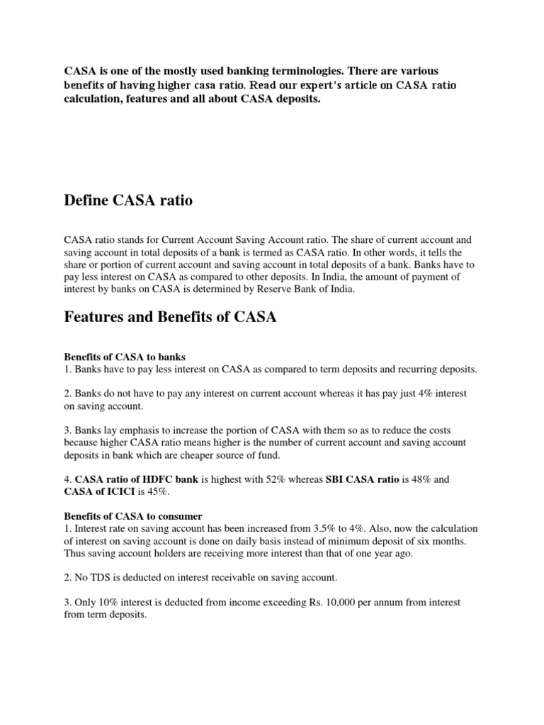 Understanding CASA Ratio: Benefits to Banks and Customers | PDF ...