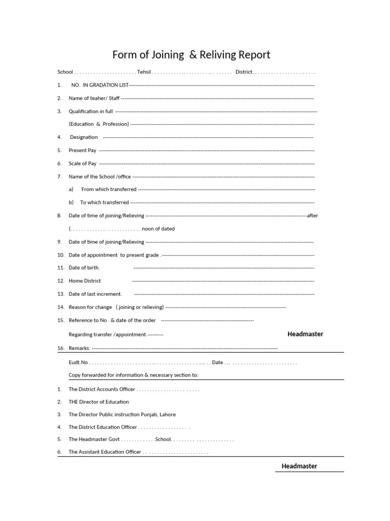 Teacher Joining & Relieving Report | PDF