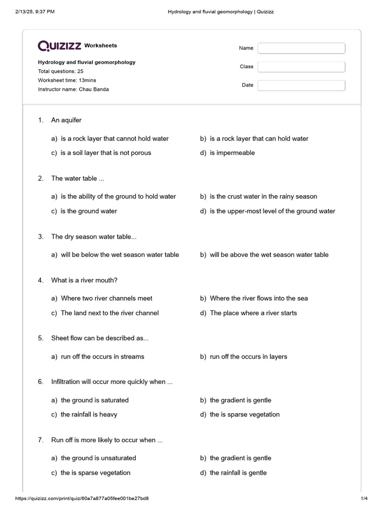 Hydrology and Fluvial Geomorphology - Quizizz | PDF | River | Discharge ...