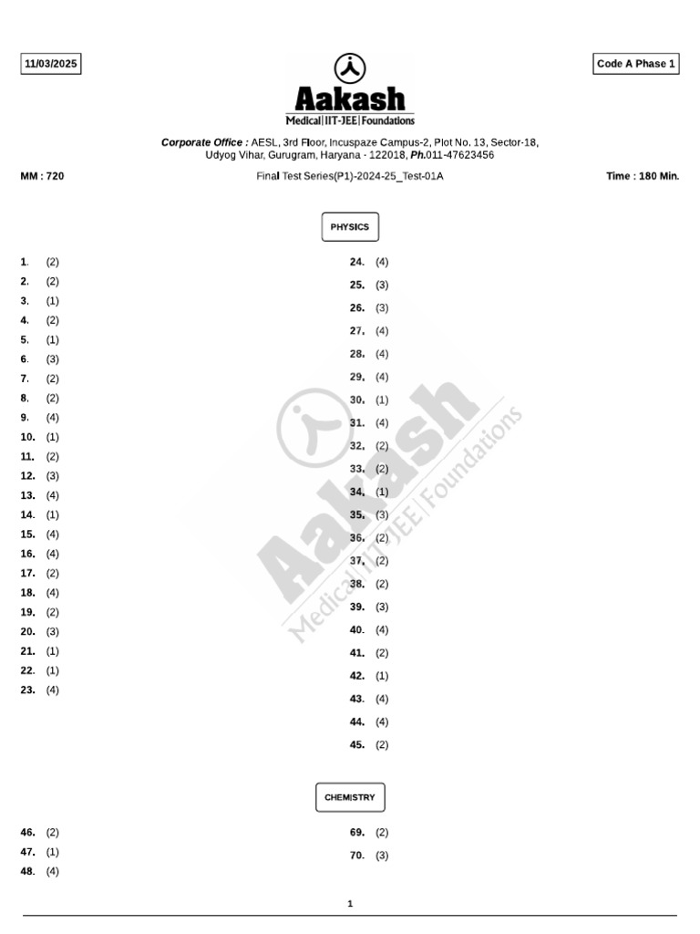 FTS 01A (P1) - 11 03 2025 - Answer Key | PDF