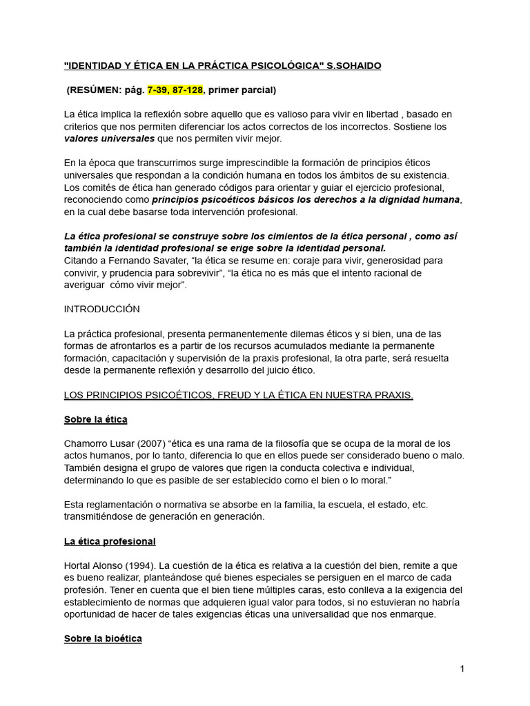 Resúmen Libro - Identidad y Ética en La Práctica Psicológica - S.sohaido | PDF | Psicoanálisis ...