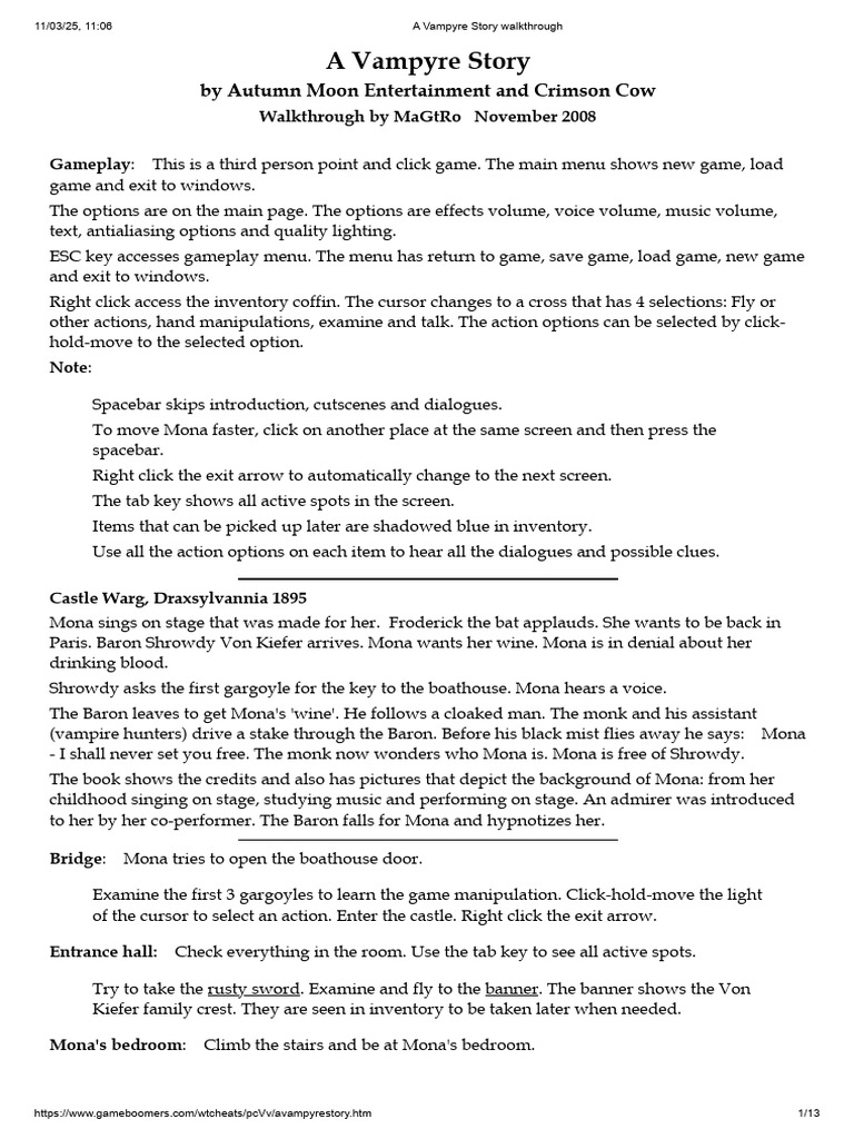 A Vampyre Story Game Walkthrough Guide | PDF