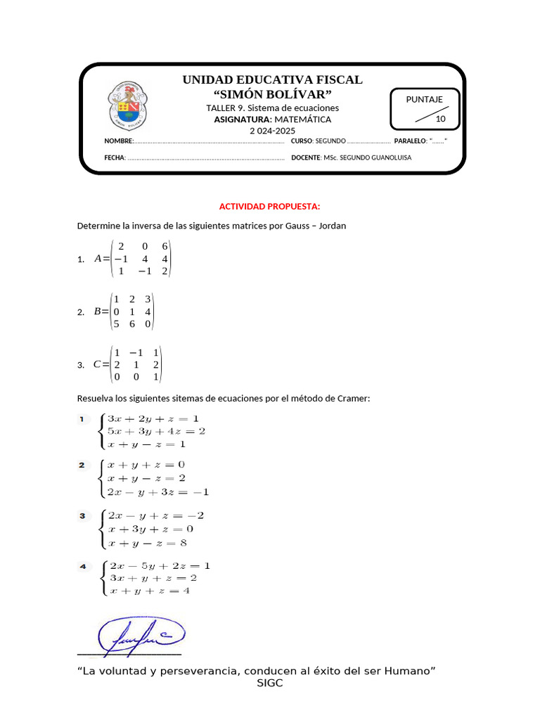 TALLER 9. MATRIZ INVER POR GAUSS SISTEMA DE ECUACIONES POR CRAMER | PDF