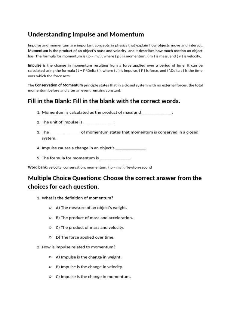 Impulse and Momentum Worksheets | PDF | Momentum | Force
