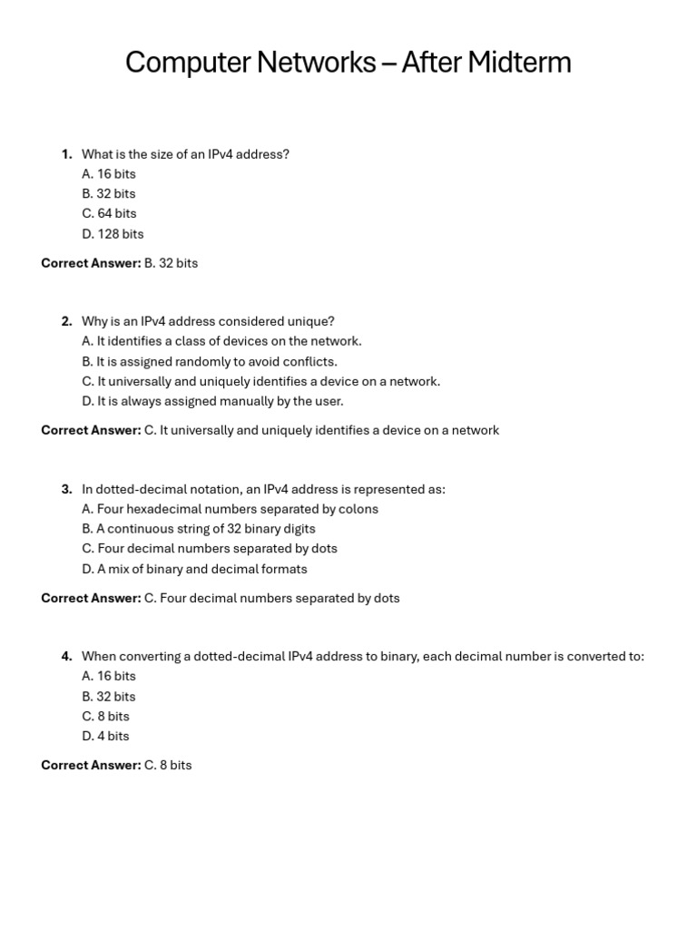 Computer Networks MCQ - After Midterm | PDF | Ip Address | I Pv6