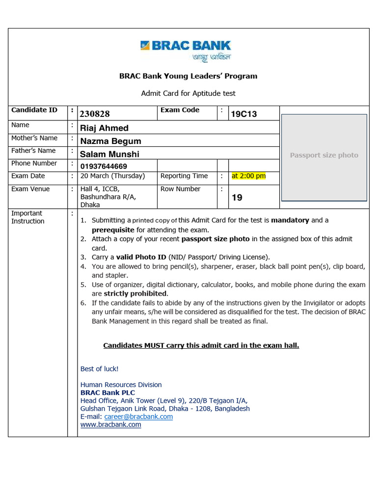 BRAC Bank Young Leaders Exam Admit Card | PDF