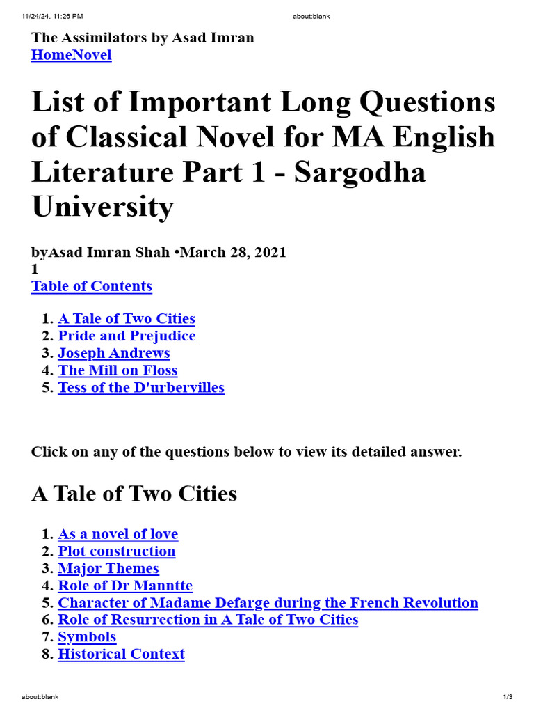 Important Long Question of Classical Novel | PDF