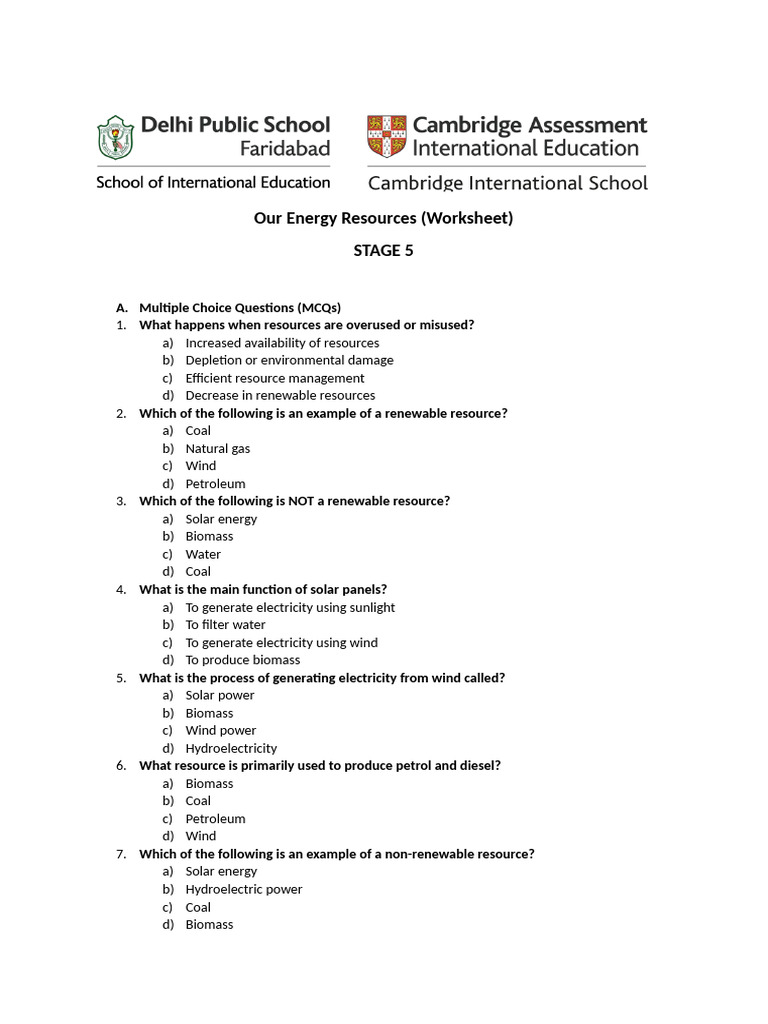 Our Energy Resource Worksheet s5 | PDF | Renewable Energy | Renewable ...