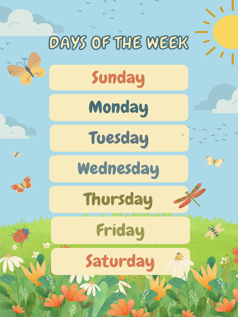 Colorful Illustrated English Spring Days of the Week Classroom Poster ...