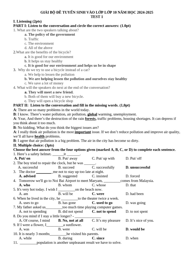 Keys For 20 Tests of Entrance Exam (Grade 9) | PDF | Traffic ...