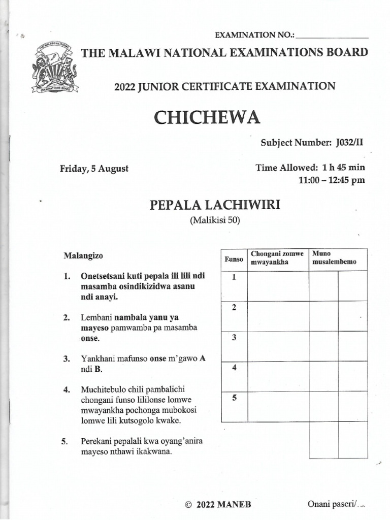 2022 JC Chichewa II Maneb Paper | PDF