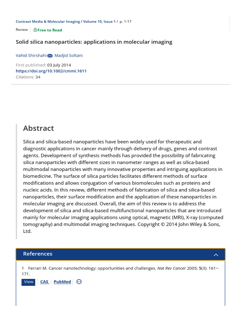Solid Silica Nanoparticles: Applications in Molecular Imaging | PDF ...