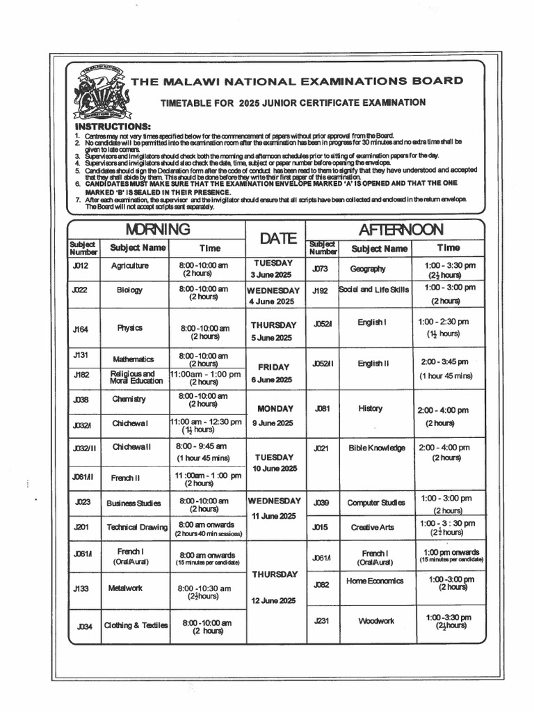 2025 Jce Timetable - Maneb | PDF