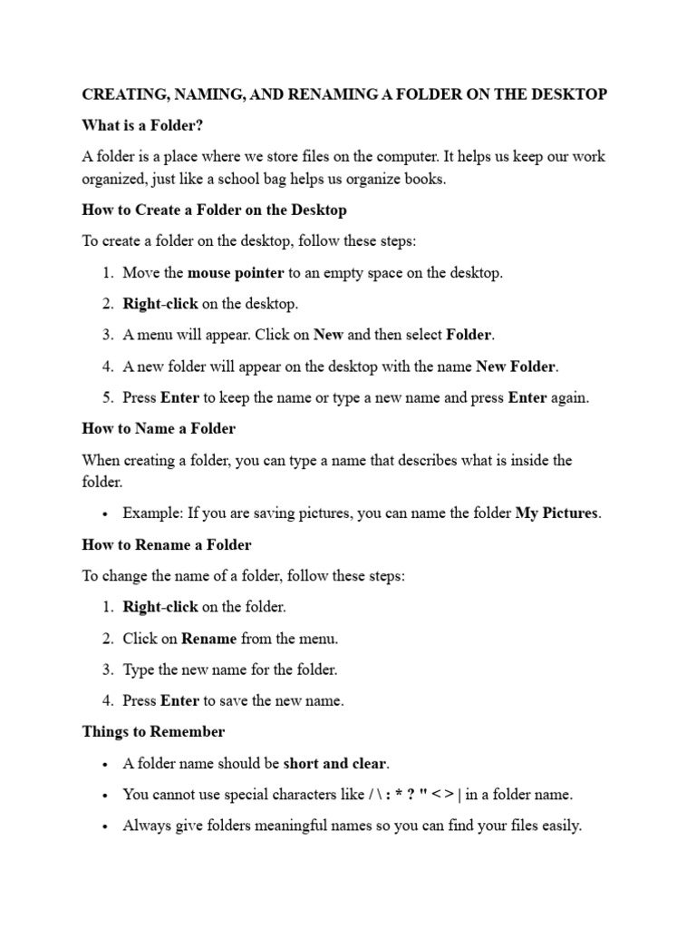 Creating, Naming, and Renaming A Folder On The Desktop | PDF