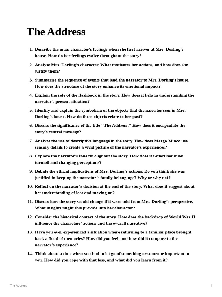The Address Practice Question Class 11 | PDF | Narration | Experience