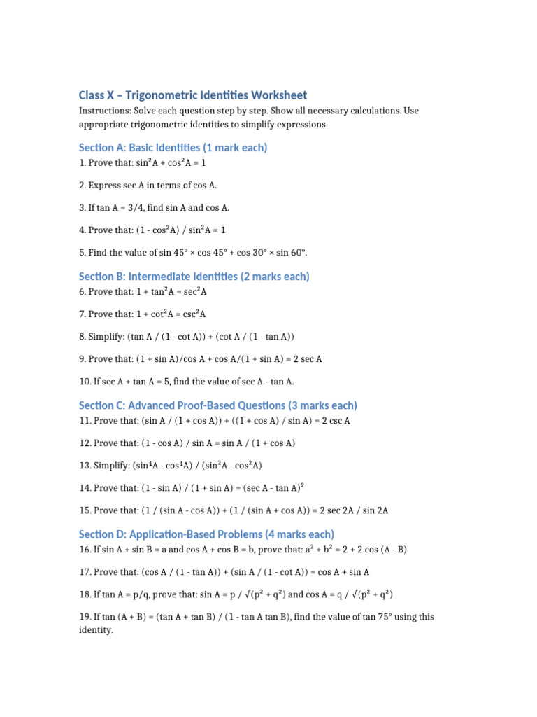 Trigonometric Identities Worksheet | PDF