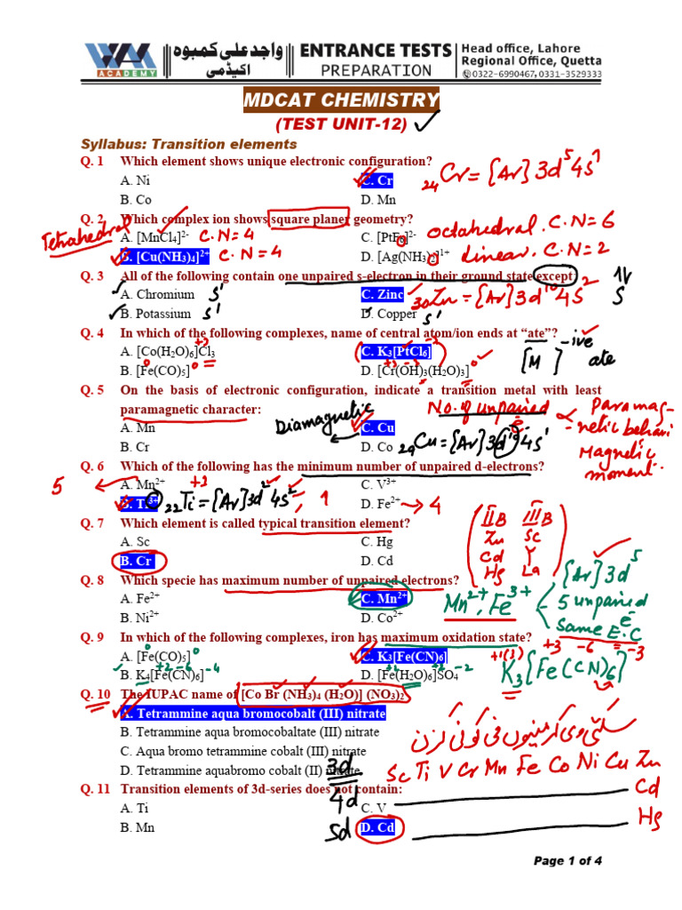 11 WAK MDCAT CHEMISTRY Unit. 12-2 | PDF | Transition Metals | Electron ...