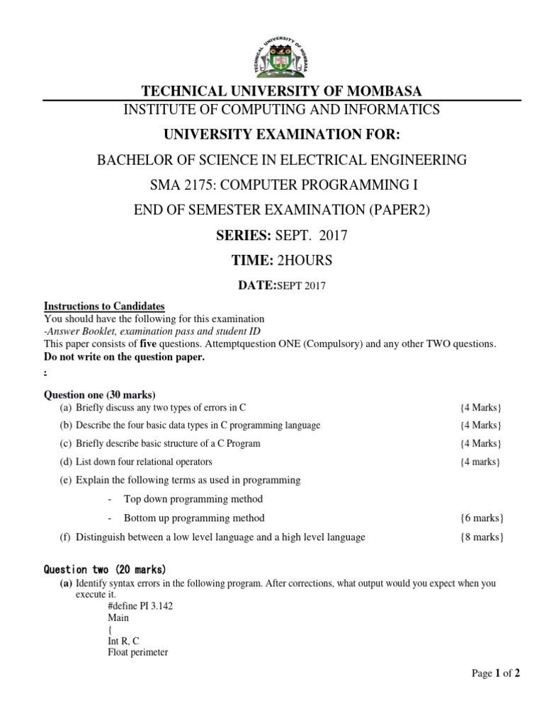 19. SMA 2175 COMPUTER PROGRAMMING 1 EXAM (PAPER II)(1) | PDF | Computer Programming | Software ...