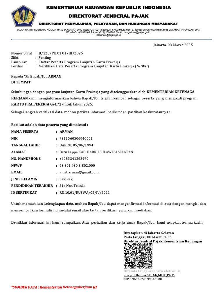 Surat Kementerian Keuangan Republik Indonesia Arman | PDF