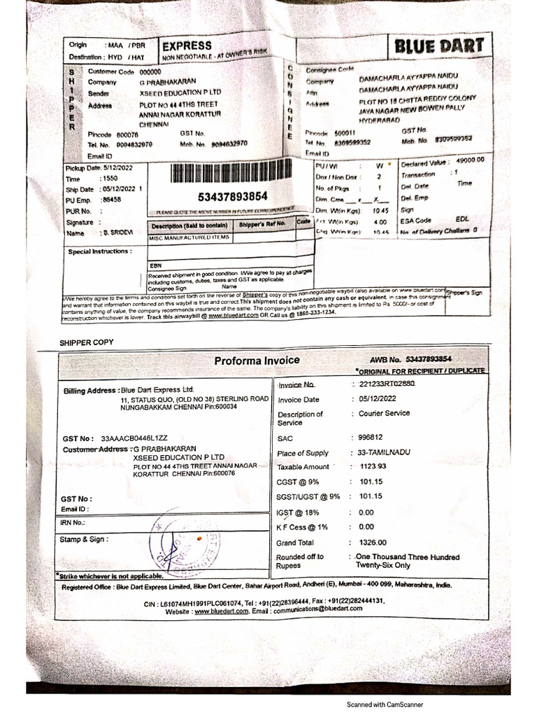 Bluedart Invoice | PDF