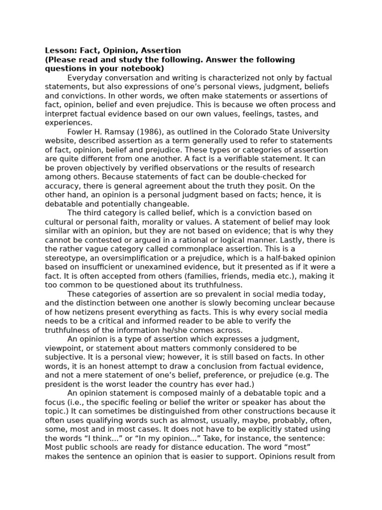 Lesson Fact Opinion Assertion | PDF | Evidence | Opinion